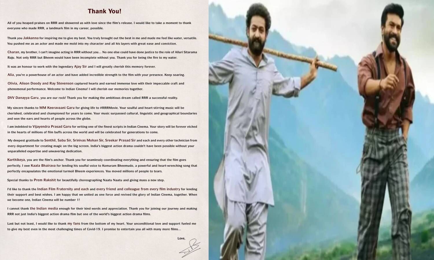 Jr. NTR shares heartfelt note on RRR's success; thanks entire cast ...