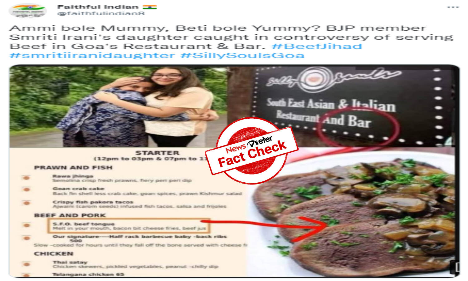 Goa restaurant owned by Smriti Irani's daughter does not serve beef tongue